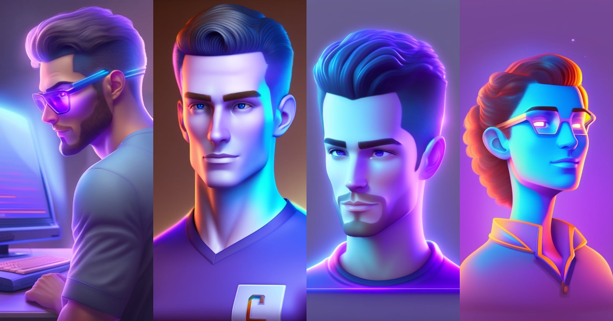 Lexica - Avatar, violet-blue light, man, featureless face, figure ...