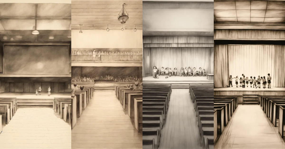 Lexica - Pencil drawing of a shabby school stage with 4-years-old kids ...