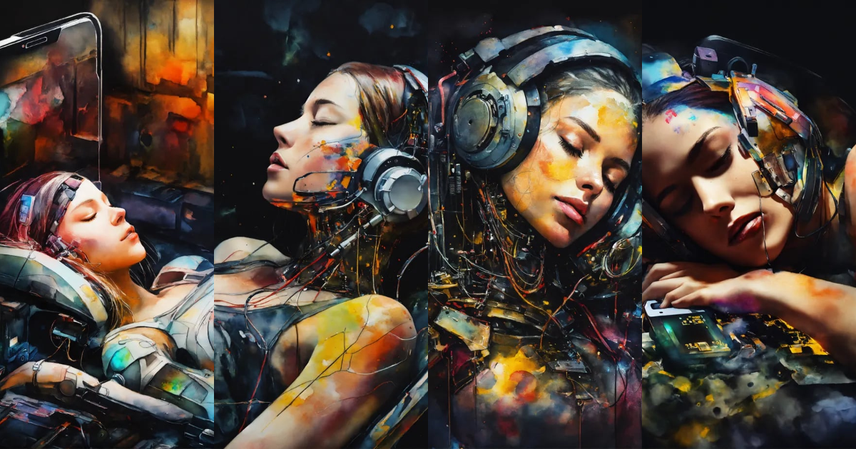 Lexica - Woman cyborg sleeping in an smartphone 3d dirty abstract ...