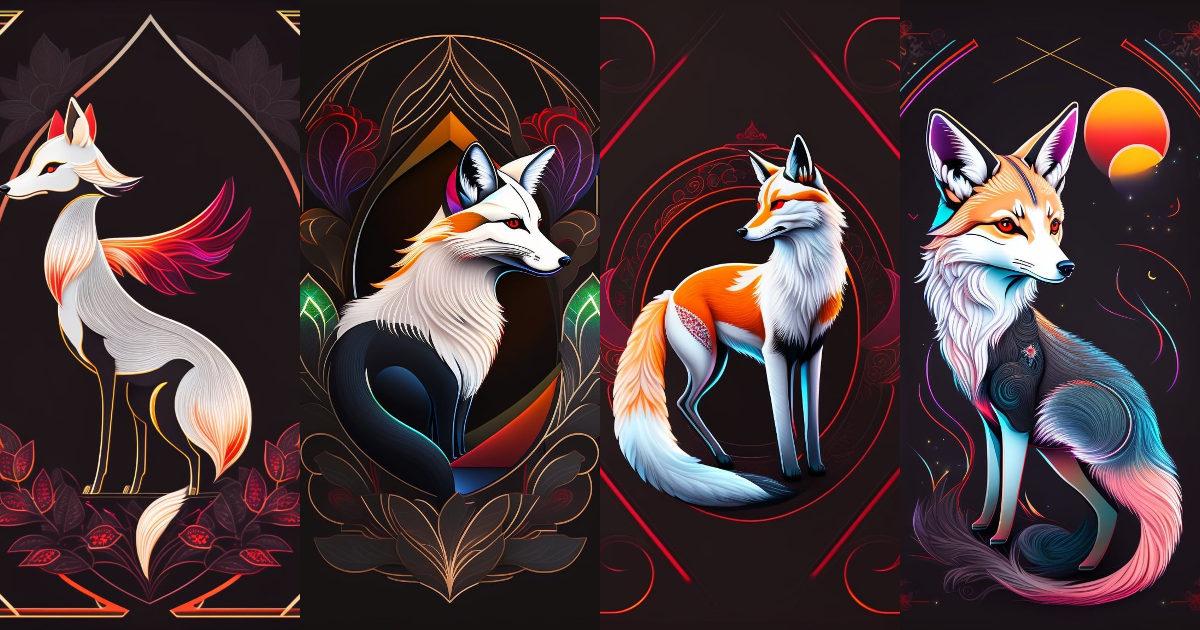 Lexica - The yokai kitsune, a white nine-tailed fox with red eyes, on a ...