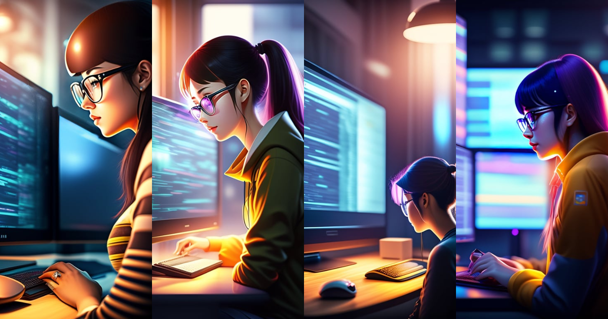 Lexica - A nerdy girl is programming at a computer in a room full of ...