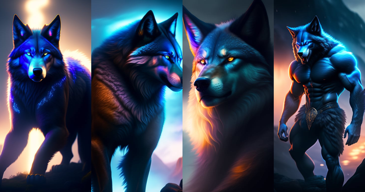 Lexica - Werewolf with lighting storm, bioluminescent glowing blue eyes ...