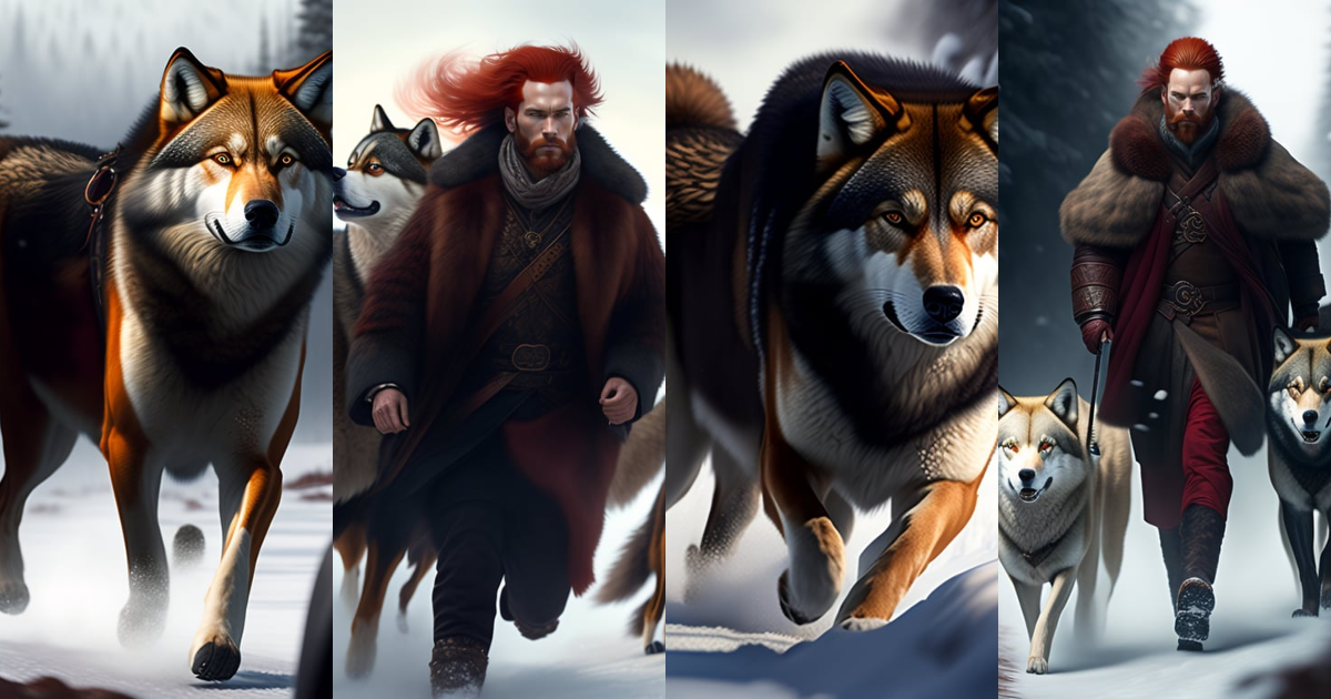 Lexica - Red haired man dressed in furs running with a pack of large ...