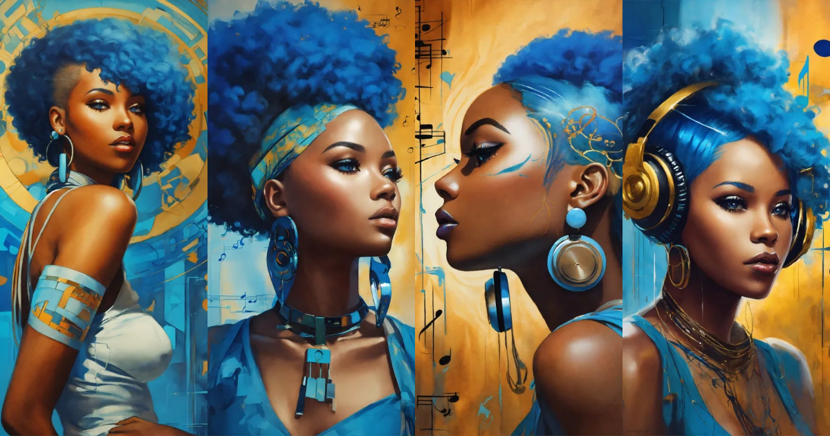 Lexica - A beautiful woman with blue hair and music notes, an airbrush ...