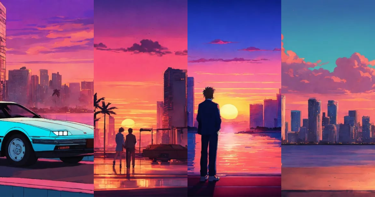 Lexica - Anime miami vice, lofi artwork, sunset skyline, 2d, studio ghibli