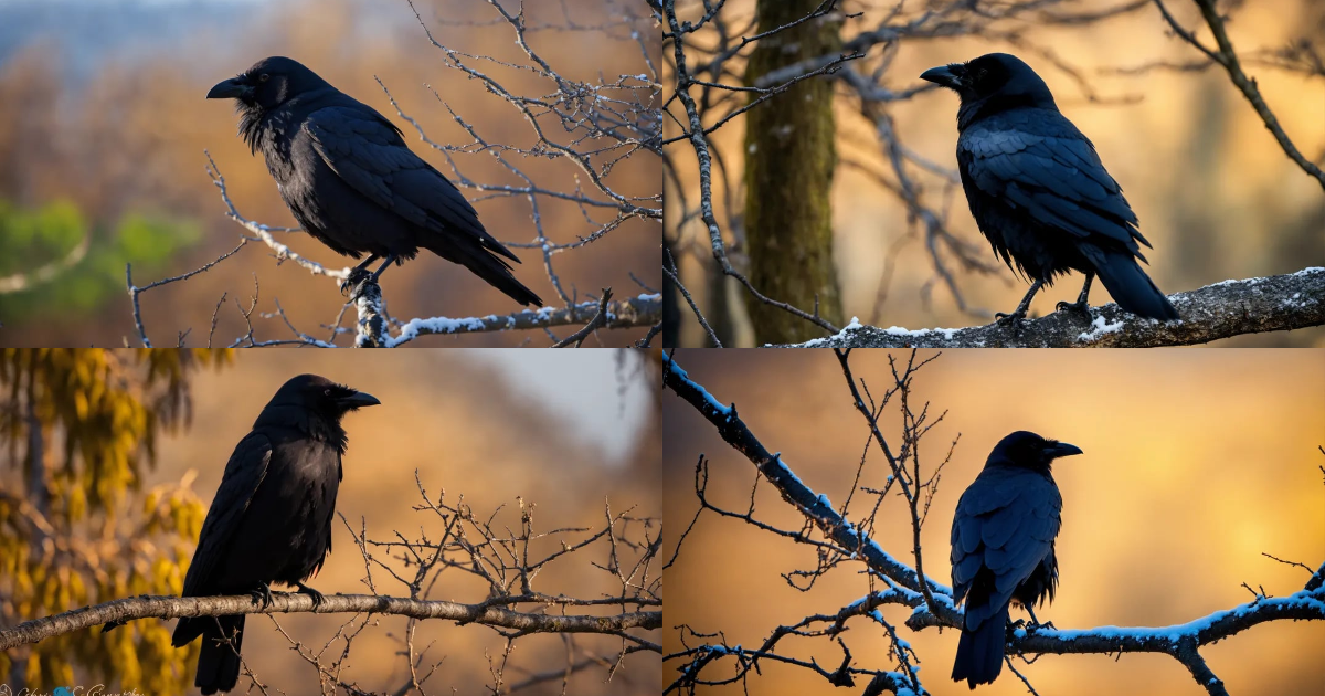 Lexica - Describe a crow perched on a leafless tree branch on a cold ...