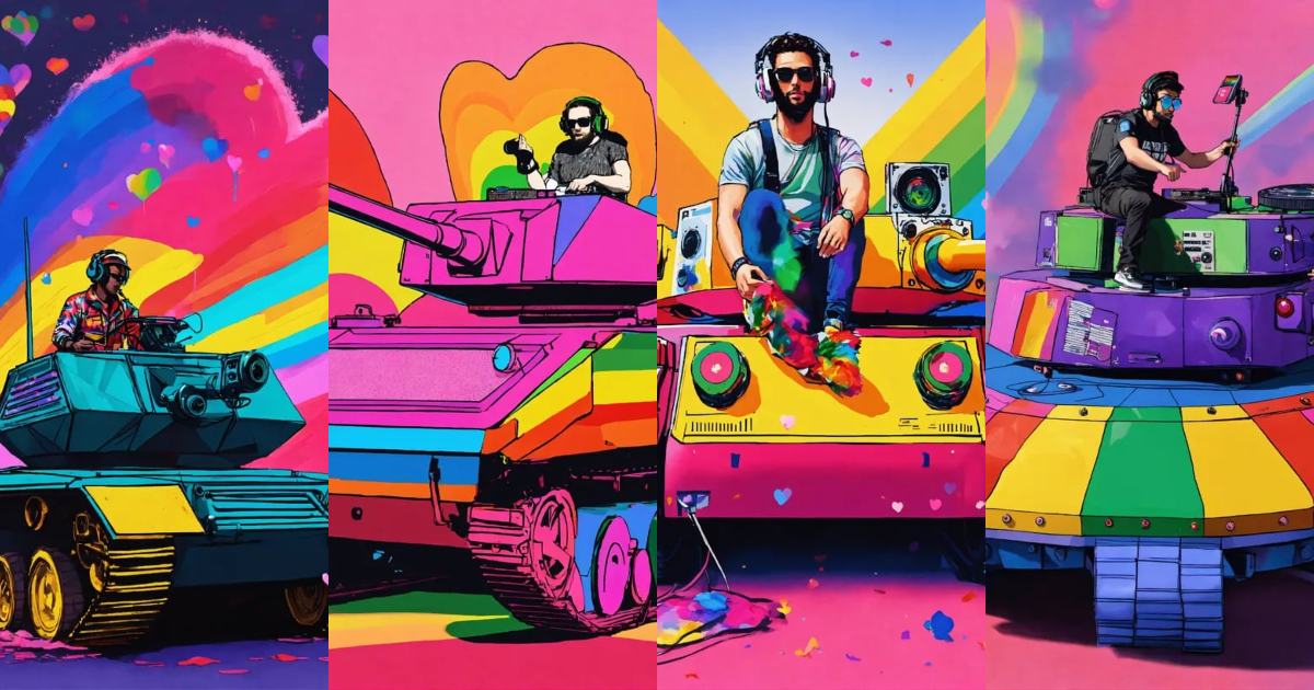 Lexica - A picture of a gay dj riding on a tank of love with sound ...