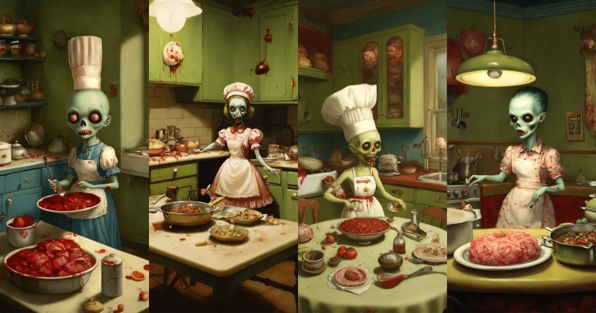 Lexica - Zombie in a vintage kitchen cooking their meal by mark ryden