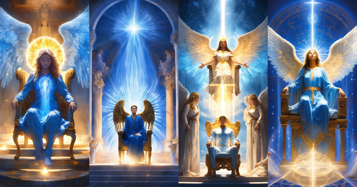 Lexica - People siting on a chair, angels with blue light surrend her ...