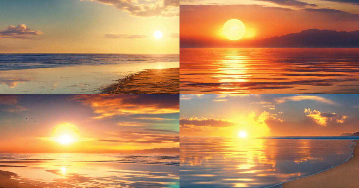 Lexica - Realistic image of sun on horizon and civilization on coast ...