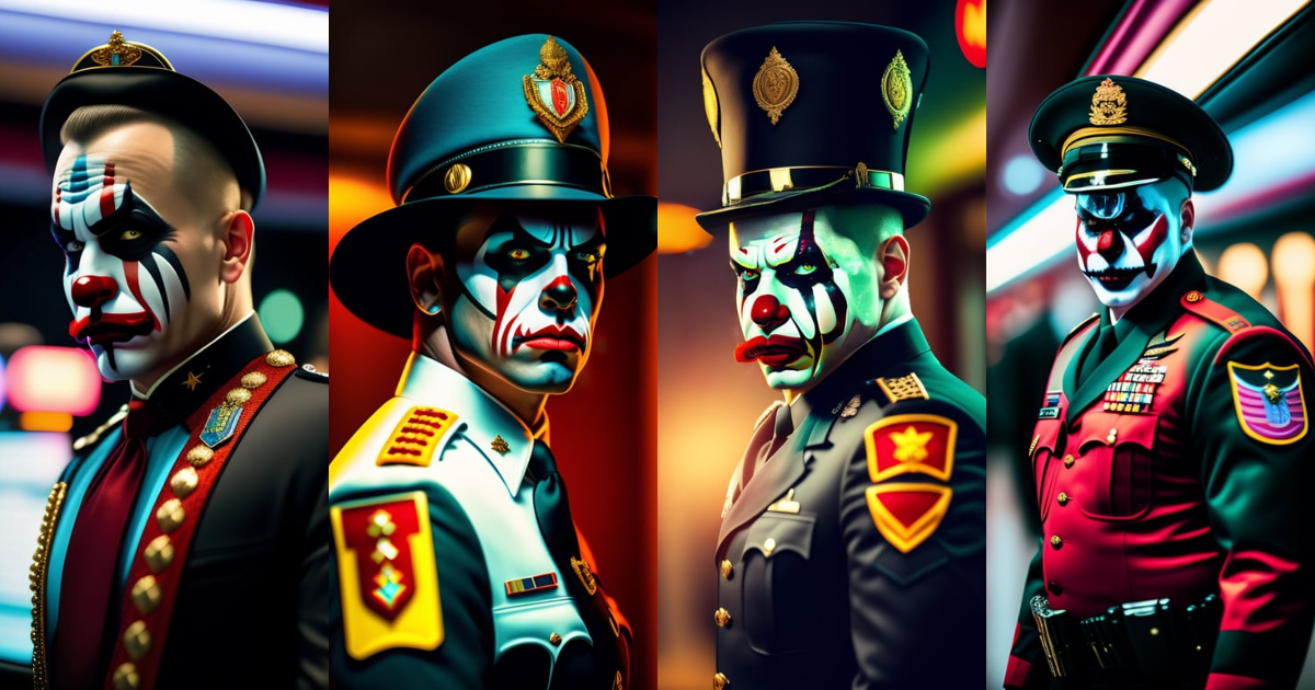 Lexica - Evil officer clown frowning in a high tech casino raid