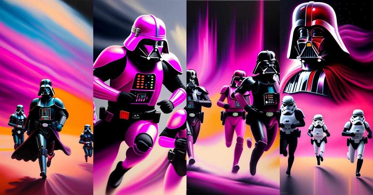Lexica - Darth Vader running with Stormtroopers, wearing a pink armour ...