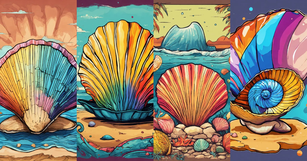 Lexica - T-shirt design, one big colorfull seashell, cartoon style, no ...