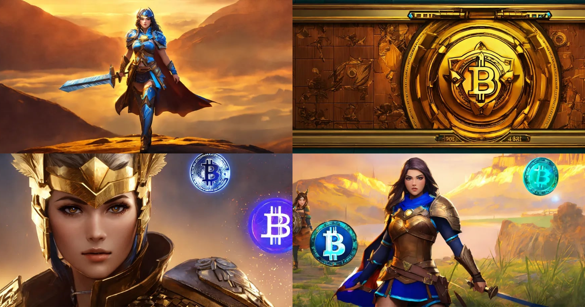 Lexica - -play2earn -banner -cryptocurrency -female warrior -with bitcoin shield