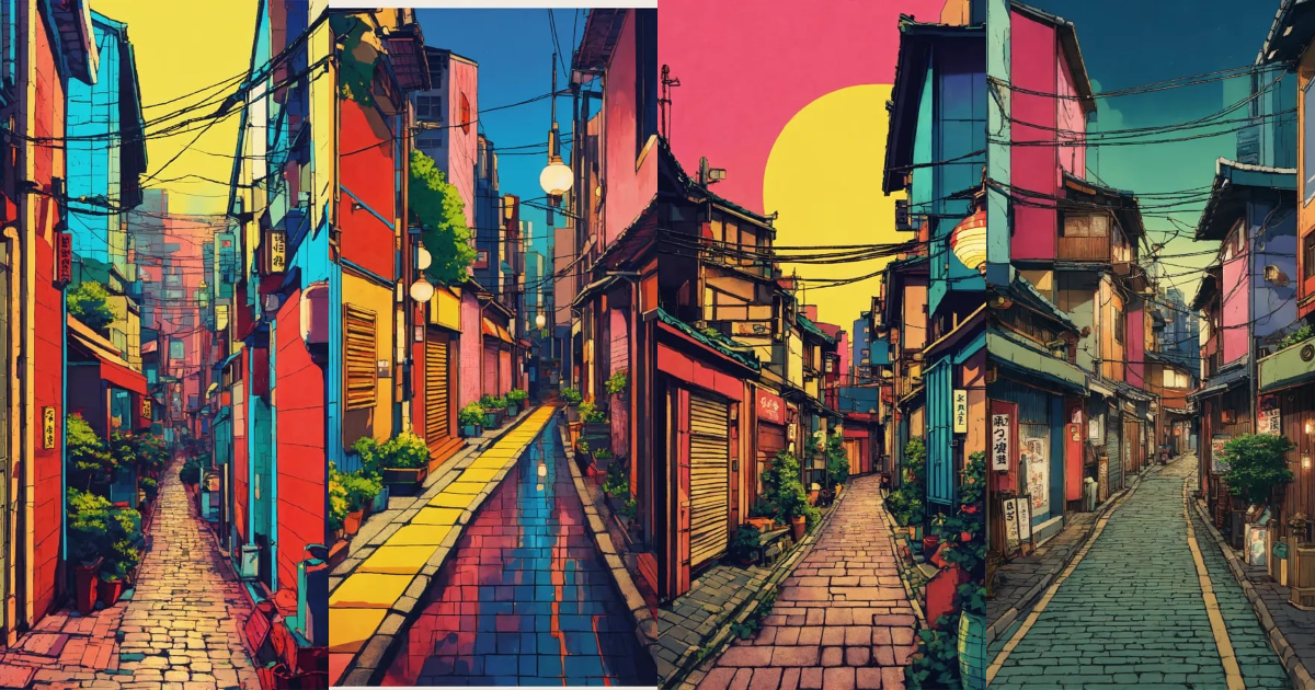 Lexica - A pop art illustration of a Tokyo alley medieval 8k quality.