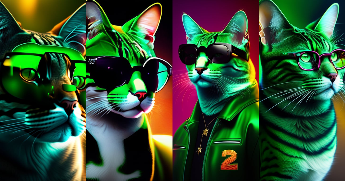 Lexica - Green cat with round glasses, terminator 2 movie style