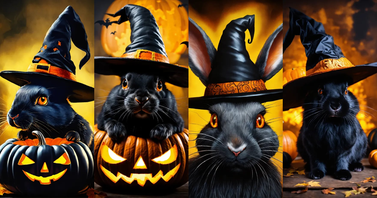 Lexica - Spooky black rabbit with orange eyes wearing a witches hat ...