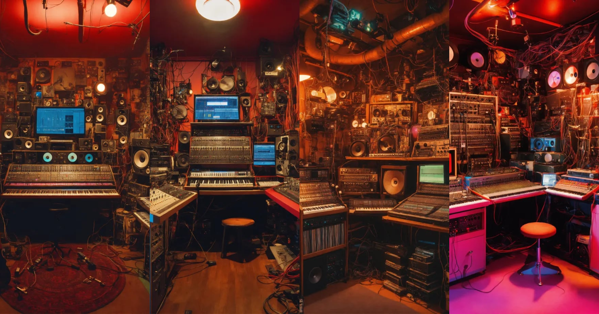 Lexica - Close up photography, a cyberpunk music studio full of ...