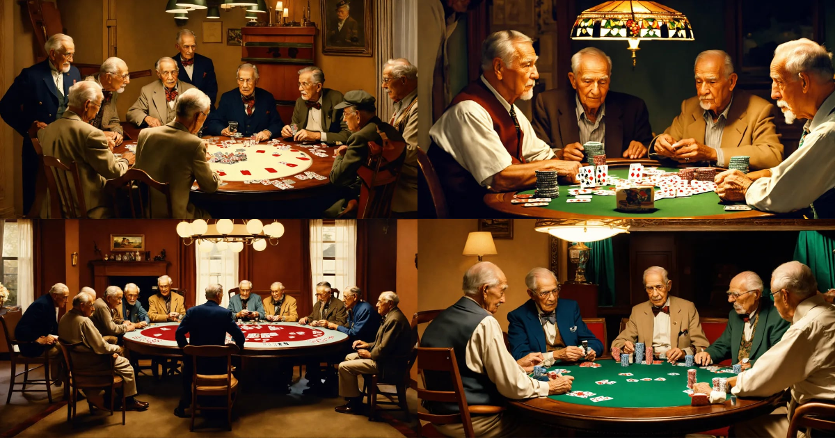 Lexica - 8 elderly men playing cards around a round card table in style ...