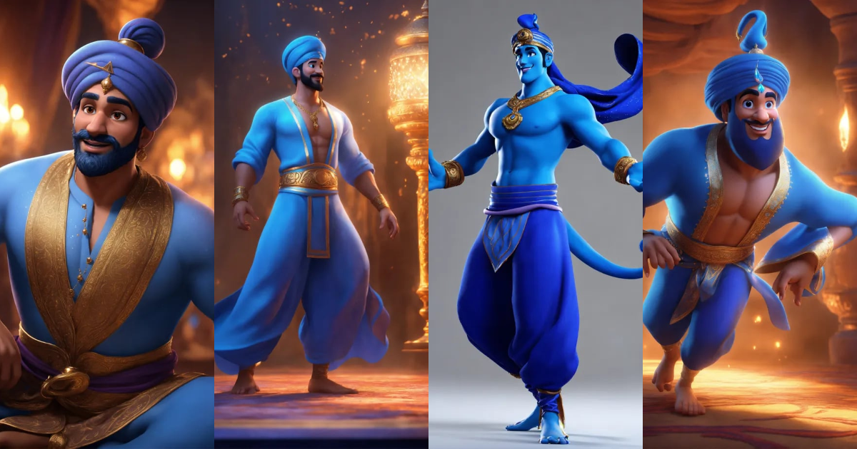 Lexica - Create a 3D rendering of a magical blue Arabian male genie ...