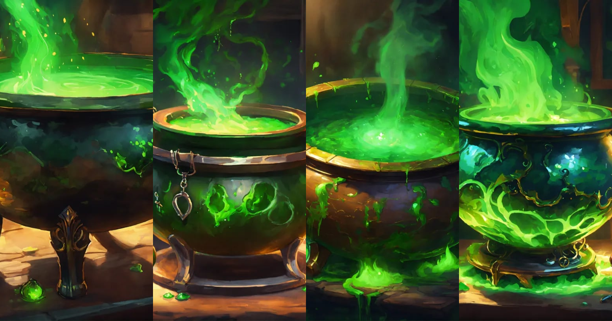 Lexica - Concept art of a cauldron with a glowing green potion, oil ...