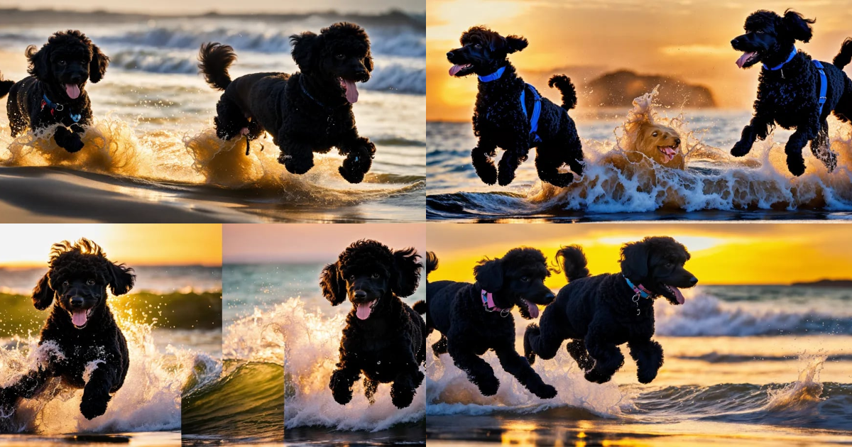 Lexica - 2 happy black poodle puppies jumping in the waves on the beach.
