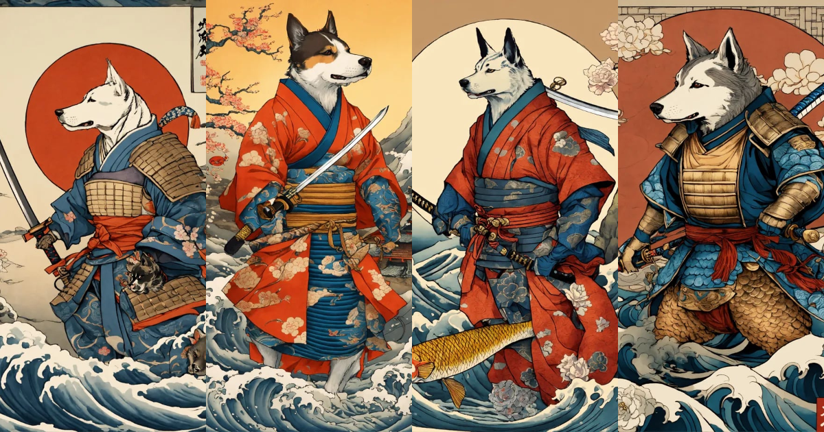 Lexica - There is a dog with a fish and a sword on a white background ...