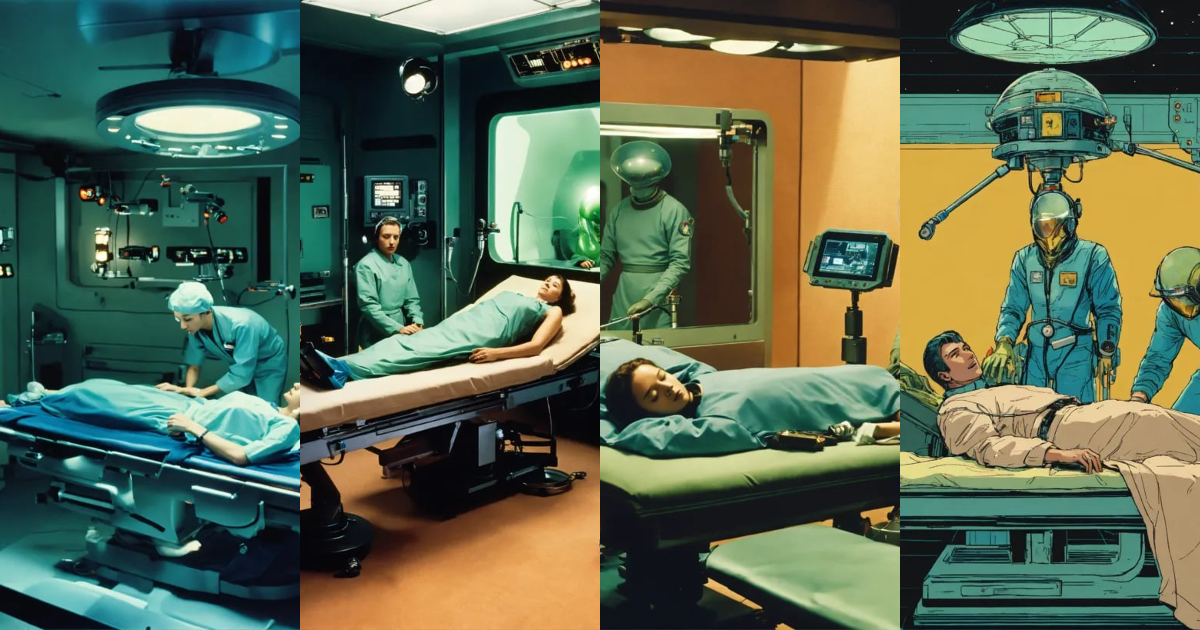 Lexica - Two aliens observing a patient lying on an operating table ...