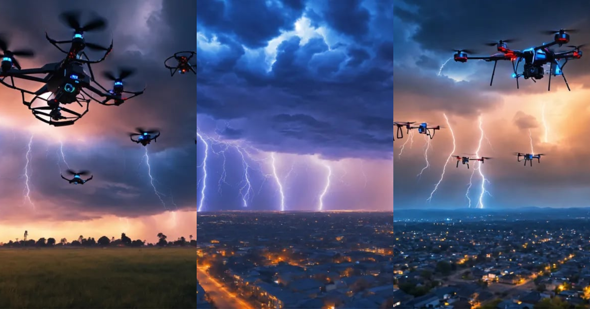 Lexica - Dramatic, blue lightning Style sky full of drones masterpiece ...