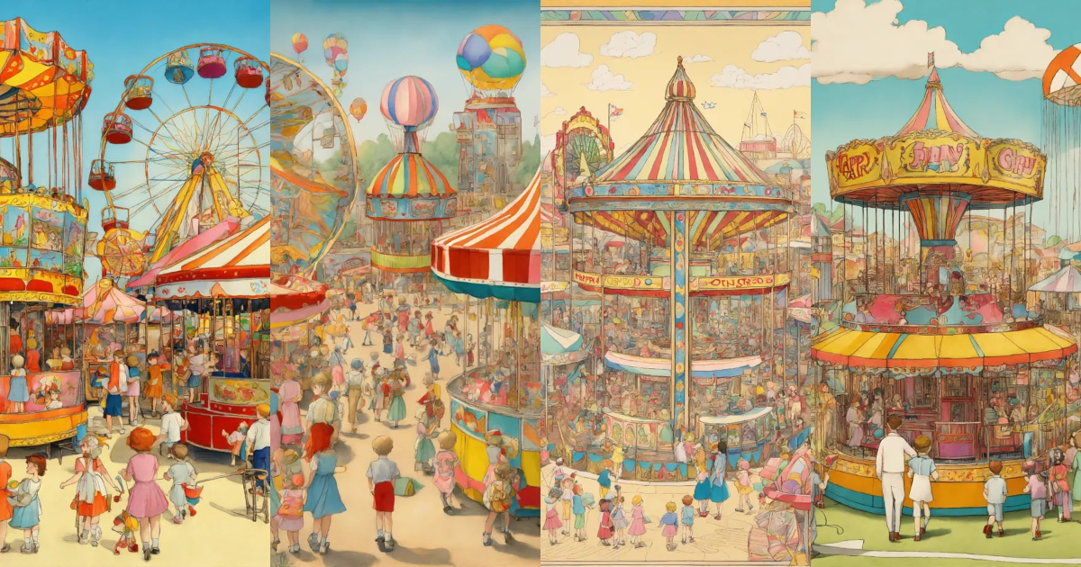 Lexica - Funfair. Drawing a funfair in the 50's with happy children and ...