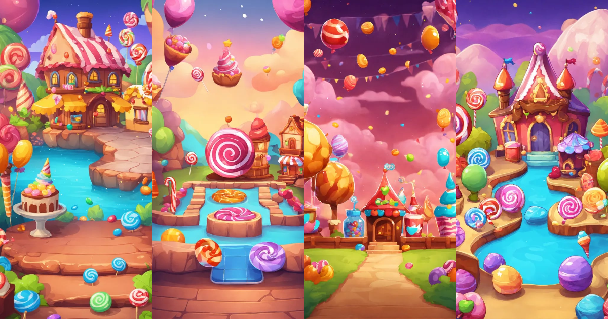 Lexica - 2d mobile platform game background with candy party scene