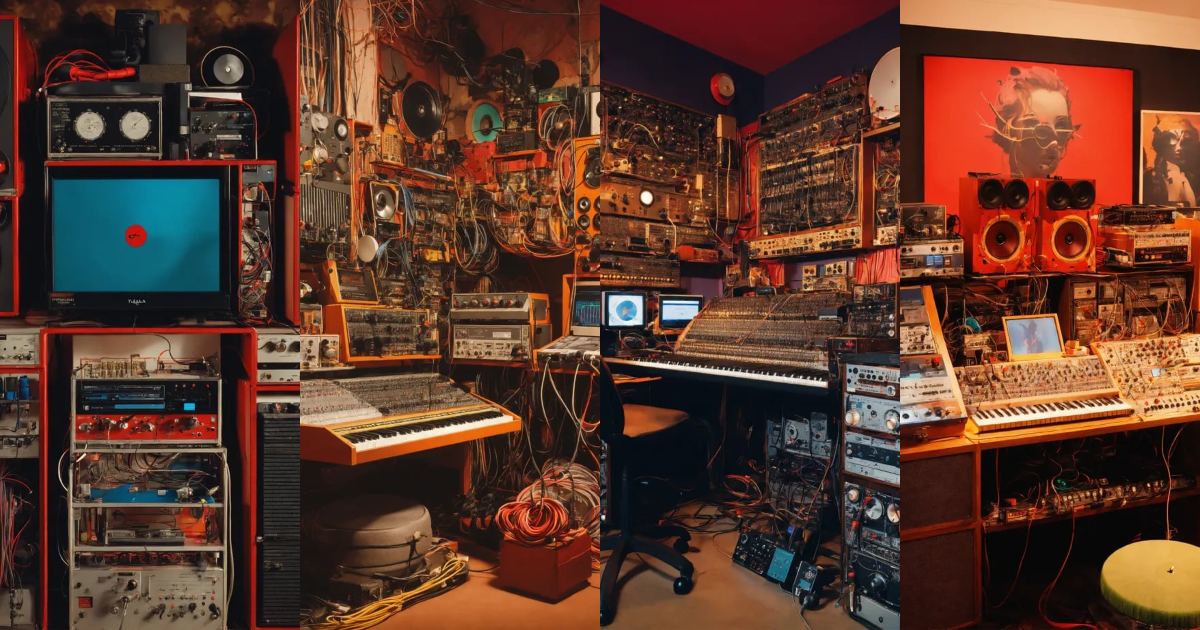 Lexica - Close up photography, of machines, synthetizer, cables, wires ...