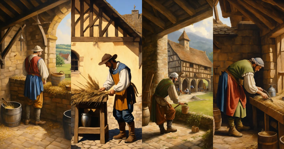 Lexica - A realistic painting of a medieval peasant working on a barn ...
