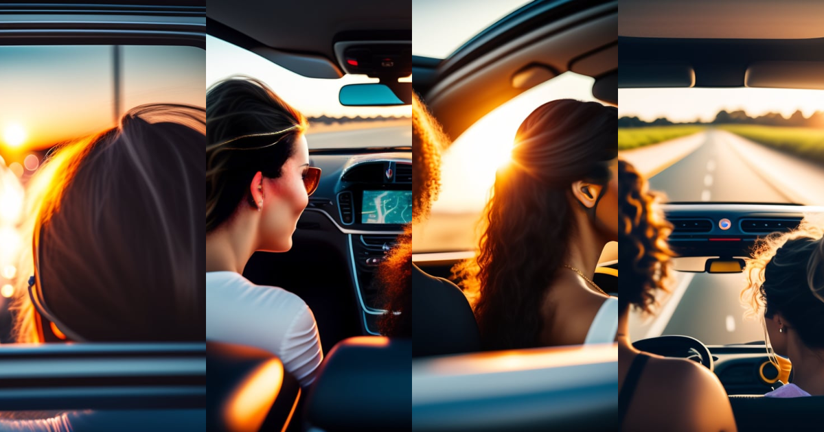 Lexica - Back of two women's heads driving in a car on the freeway