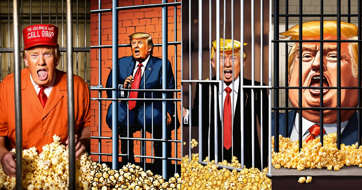 Lexica - "sad Donald Trump behind bars" in jail cell "full of popcorn ...