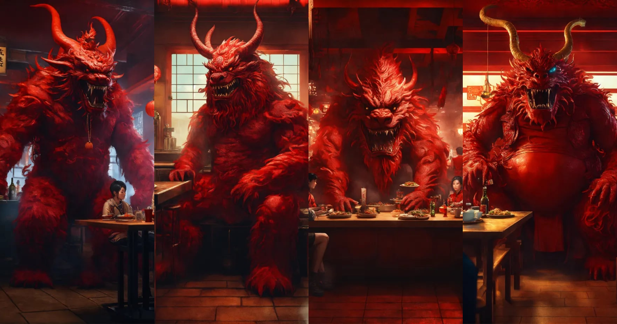 Lexica - A huge red chinese monster is sitting in front of a kitchen ...