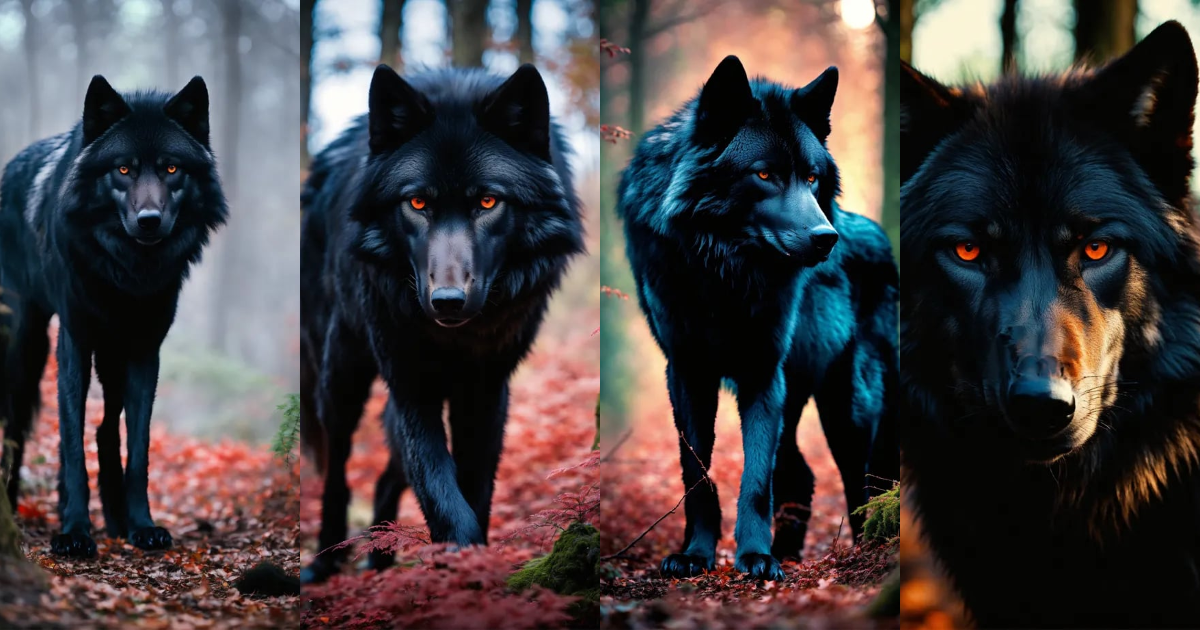 Lexica - Massive, black fur, wolf, in the woods, red eyes, up close