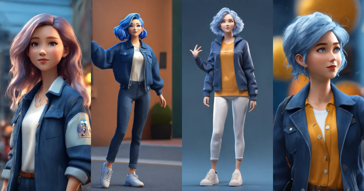 Lexica - (standing white woman), dark blue jacket, white t-shirt, accurate hair, light blue hair ...