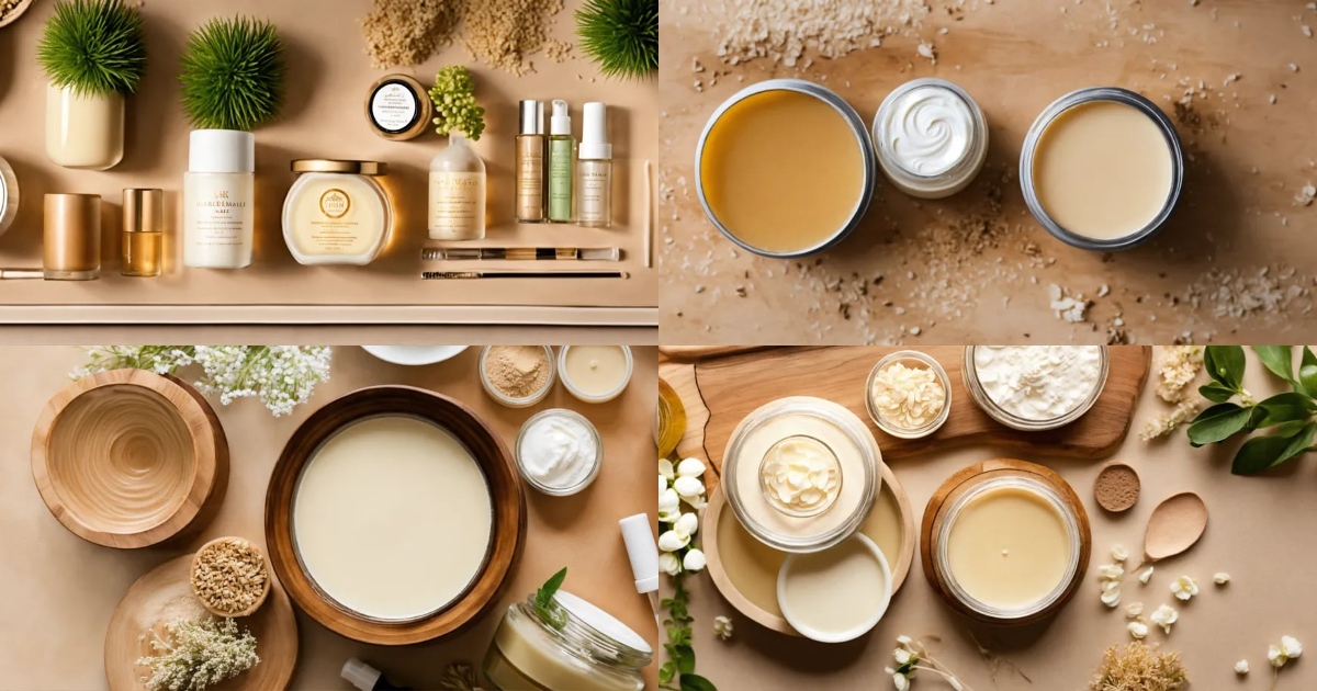 Lexica - Homemade skincare table, beige and white theme, top view