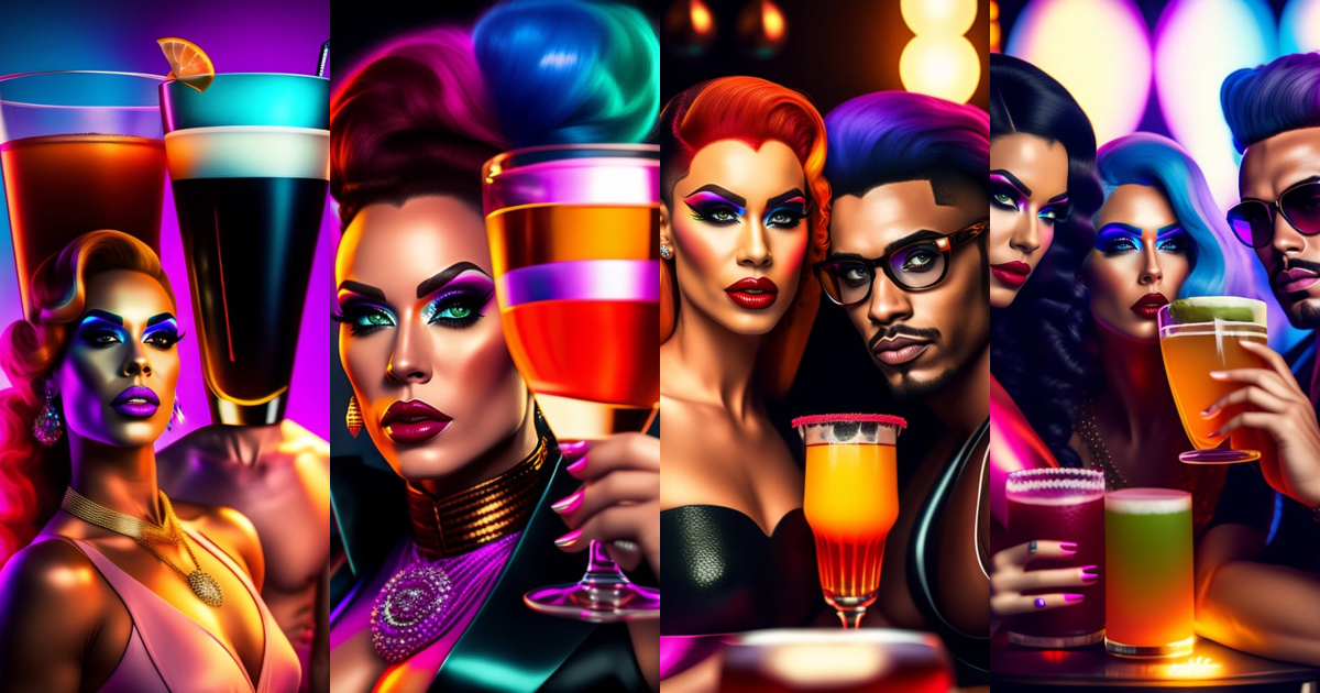 Lexica - Nerds drag queen and man and girls drinking cocktails in Ibiza ...
