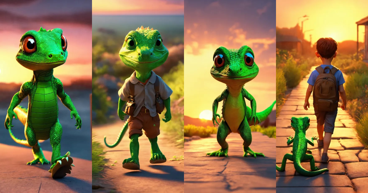 Lexica - Realist 3d animation, little boy, lizard with bright green ...