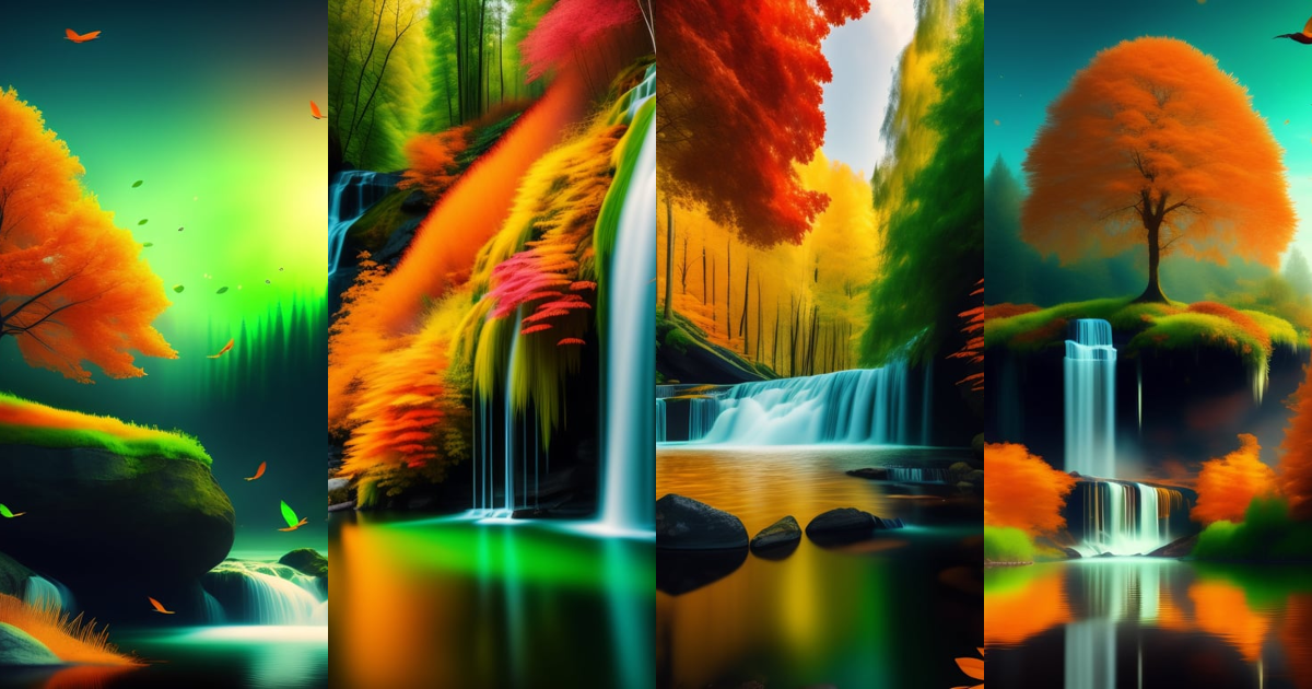 Lexica - Tree with orange and green and yellow leaf , under water fall ...