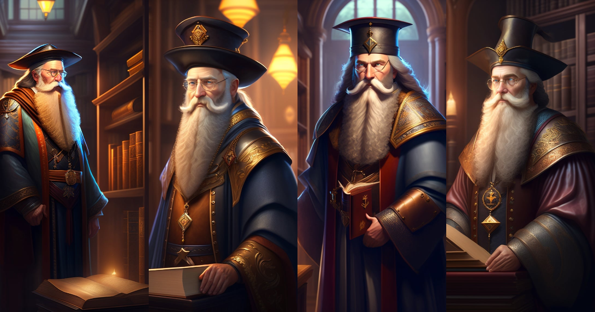 Lexica - Wise wizard, long beard and mysterious tome, standing in dimly ...