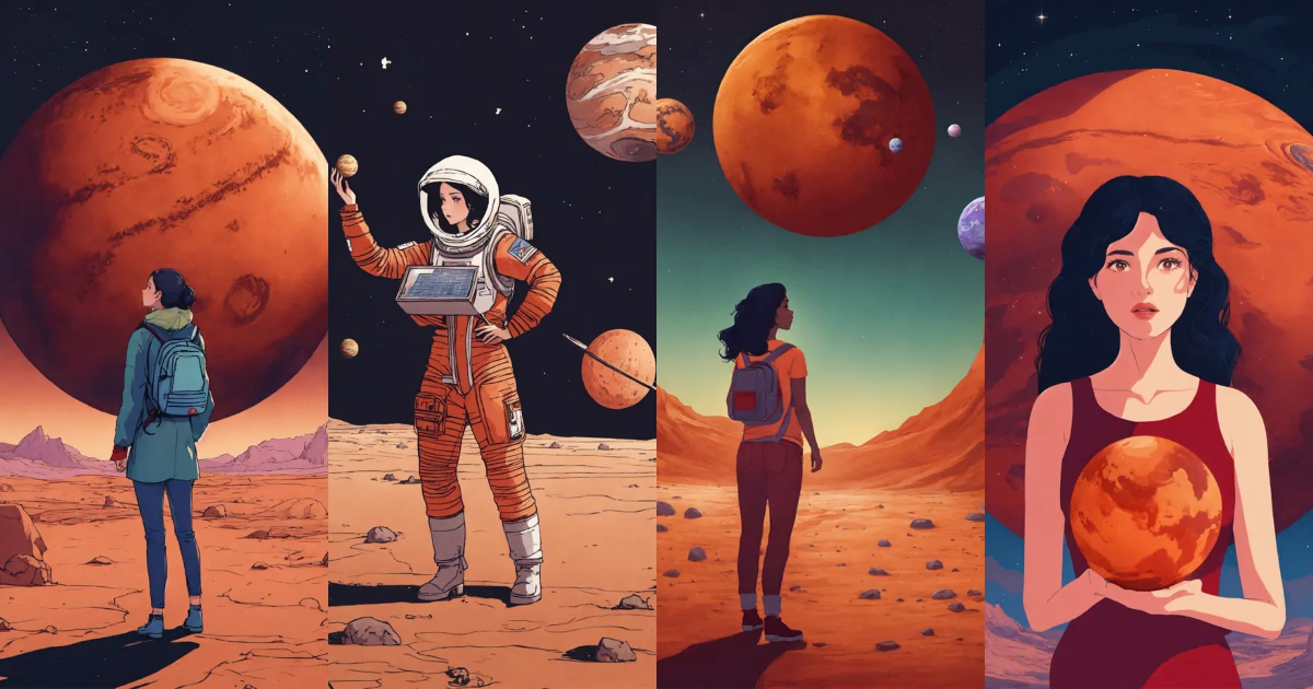 Lexica - Illustration of a confused woman holding "Planet Mars"