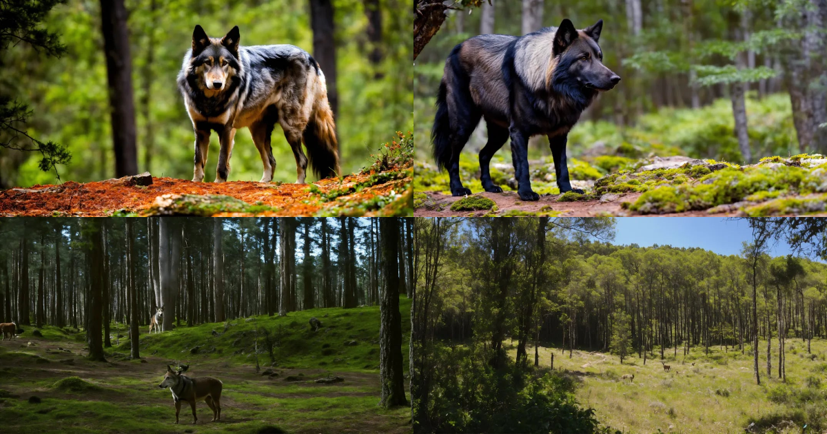 Lexica - Antropomorphic lobo ibérico, in the middle of a continental forest