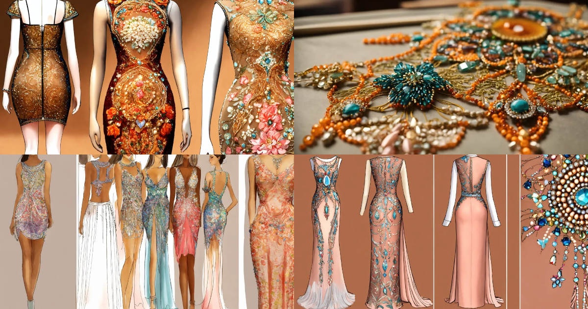 Lexica - Detailed fashion sketch of beadwork designs for cocktail dresses
