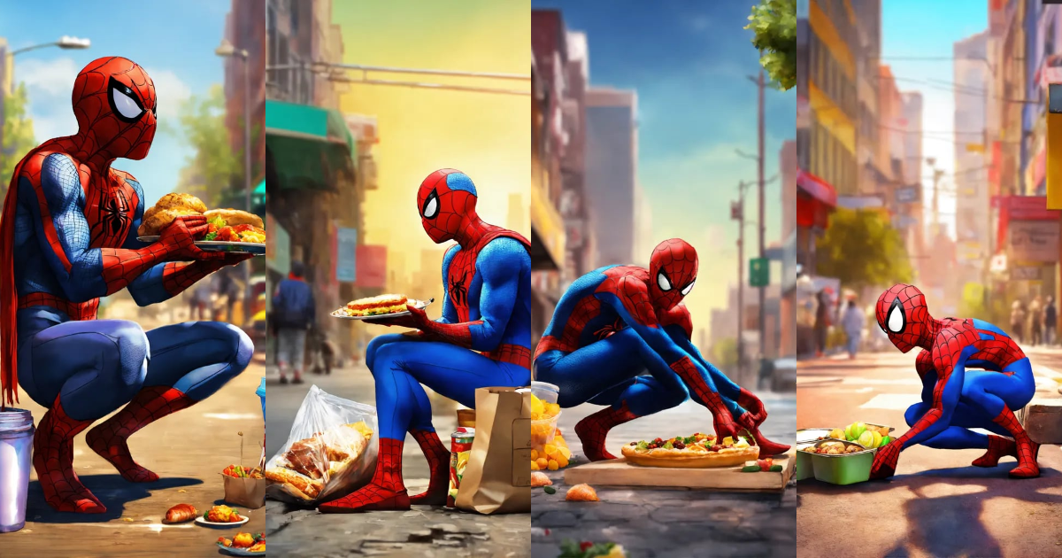 Lexica - Spiderman giving food homeless people, colorful background, 2D ...