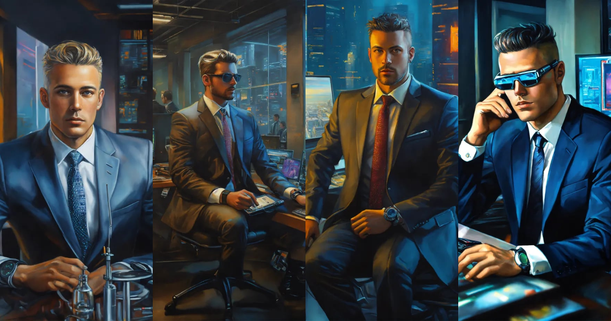 Lexica - High tech cyberpunk male executive in an office high tech ...