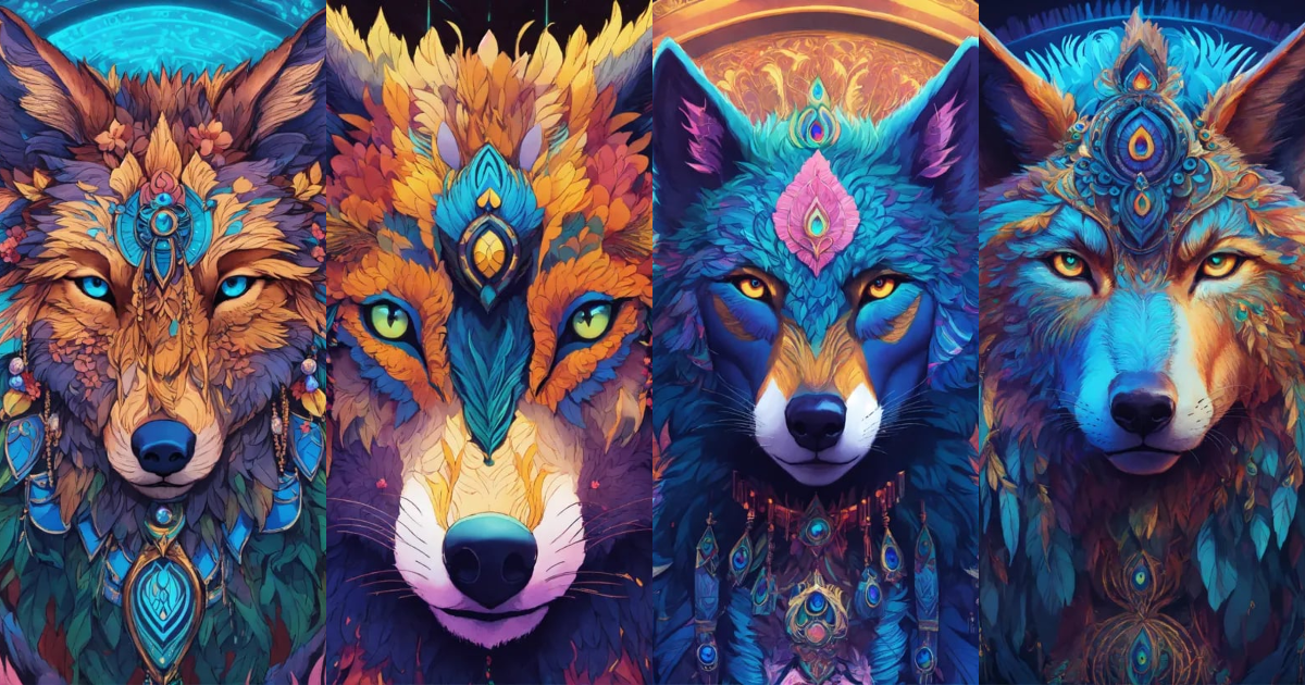 Lexica - Centered detailed portrait of a male wolf, vibrant peacock ...