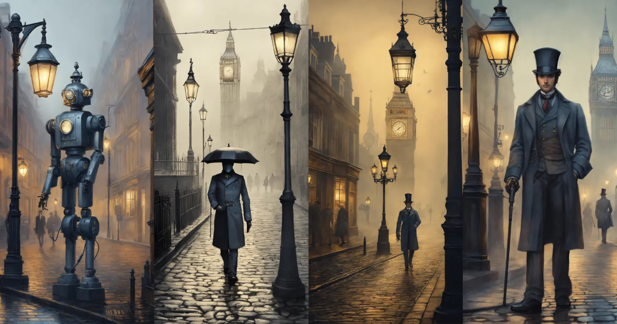 Lexica - Victorian robot android detective, foggy London streets, gas ...